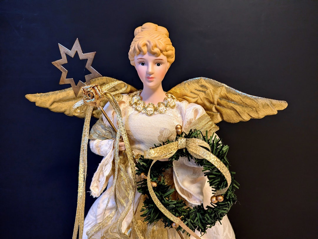 Vintage Porcelain Angel Tree Topper Ivory Damask Dress Gold Wings ...