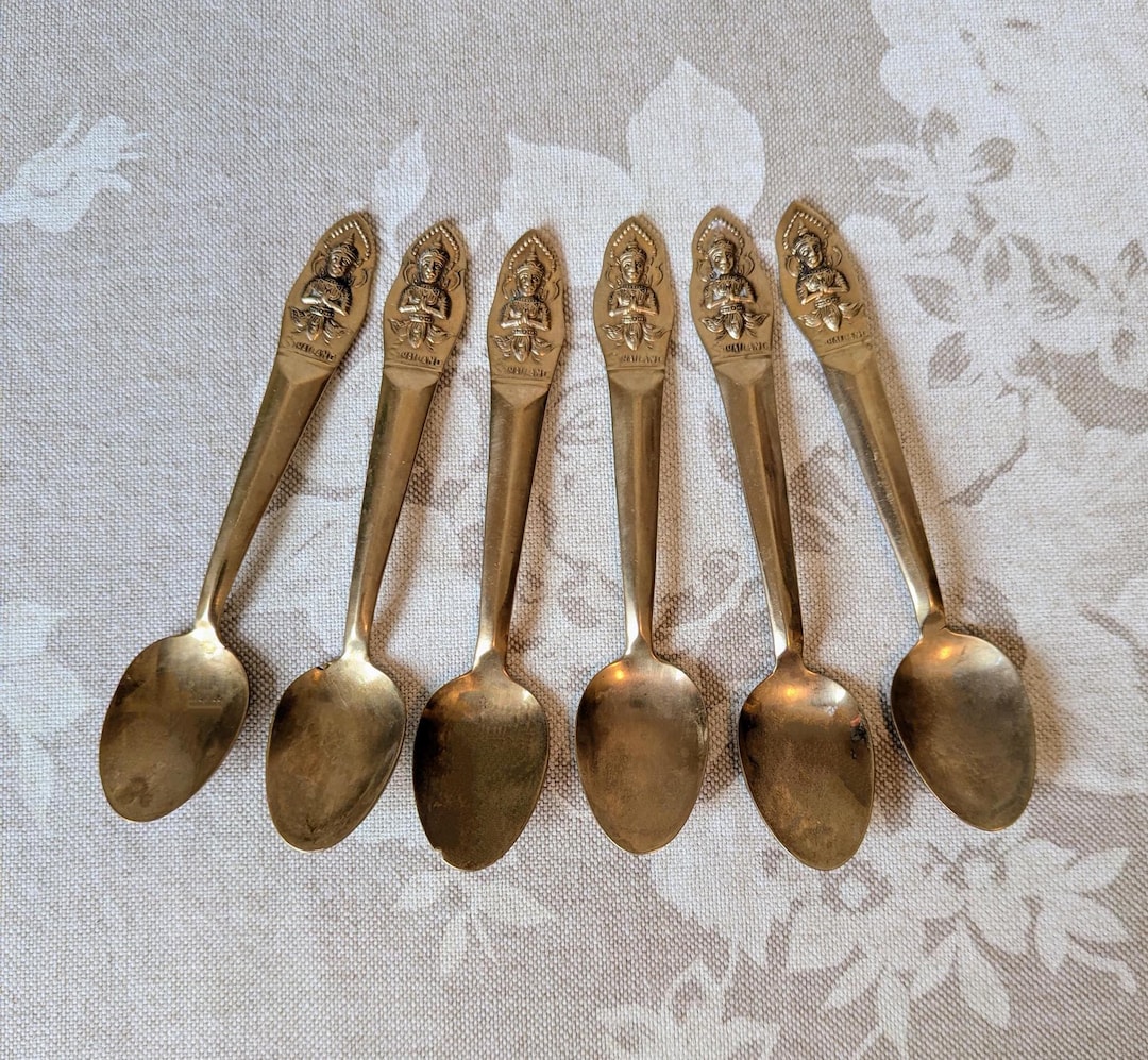 6 Vintage Siam Royal Buddha Spoons Set of 6 Small Gold Ceremonial ...