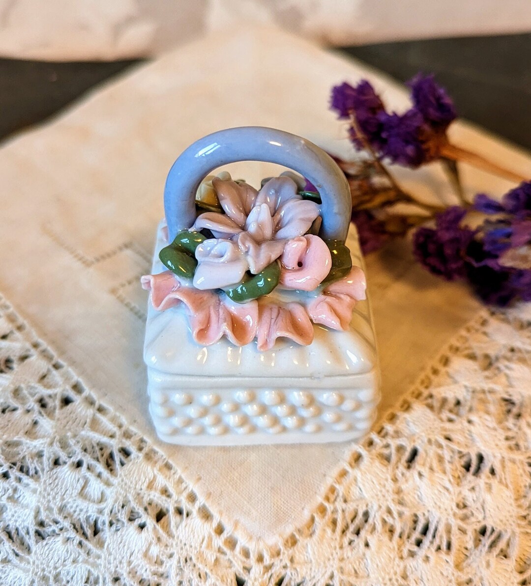 Porcelain Trinket Box Lidded, Small Jewelry Holder With Handle, Vintage ...