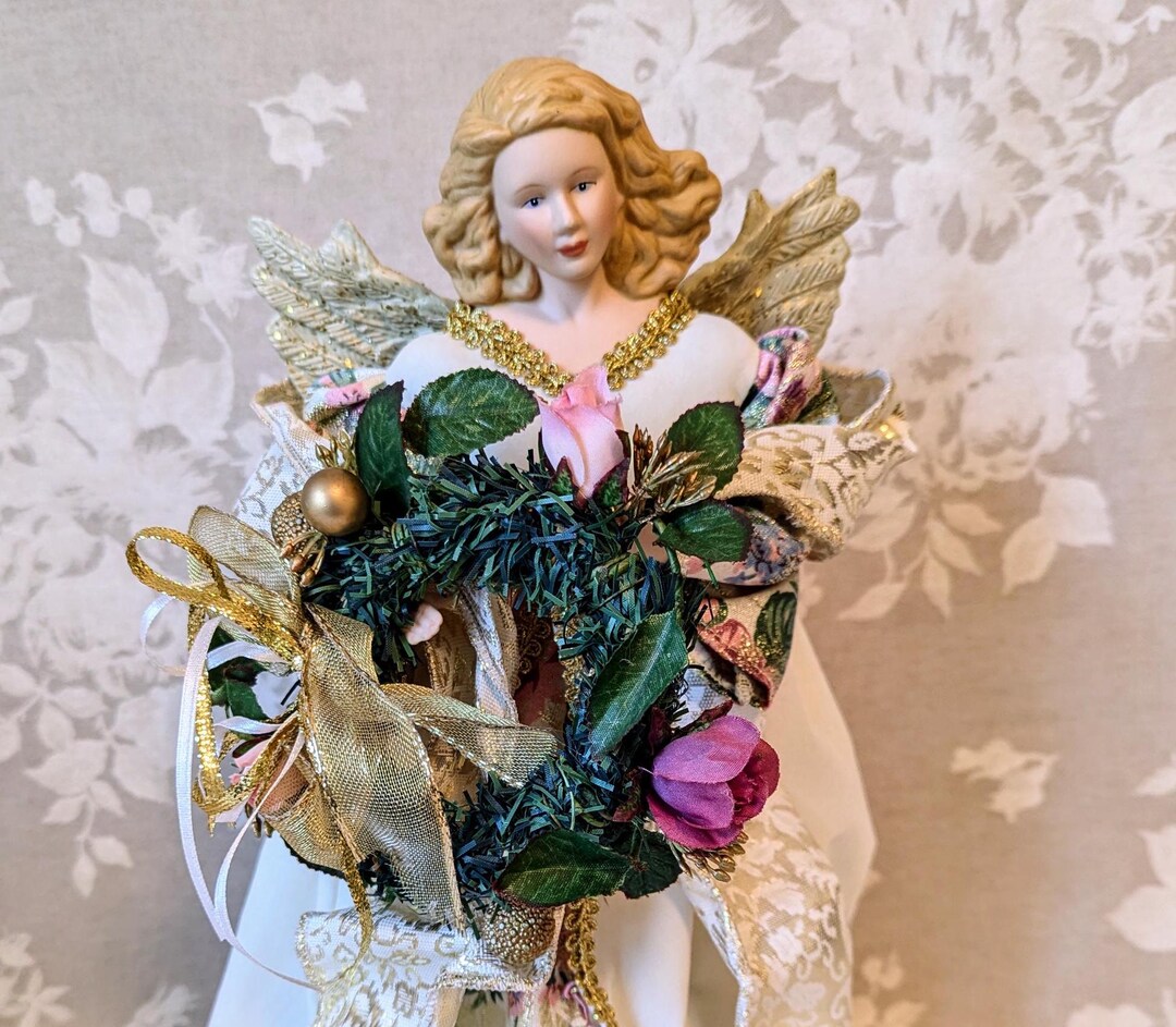 Vintage Porcelain Angel Tree Topper With Pink Floral Dress Gold Accents ...