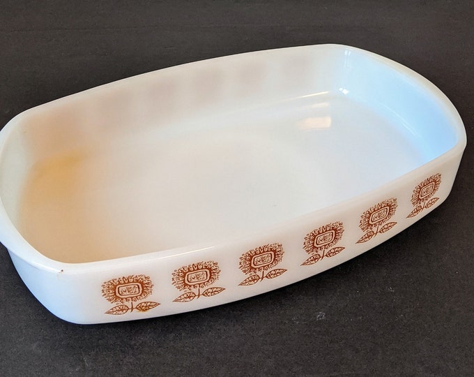 Vintage Federal Glass Sunflower Casserole Retro Milk Glass Baking Dish ...