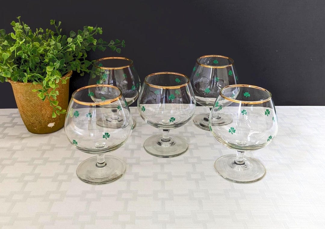 Set of 5 Vintage Irish Shamrock Cognac Snifter Glasses With Gold Rim ...