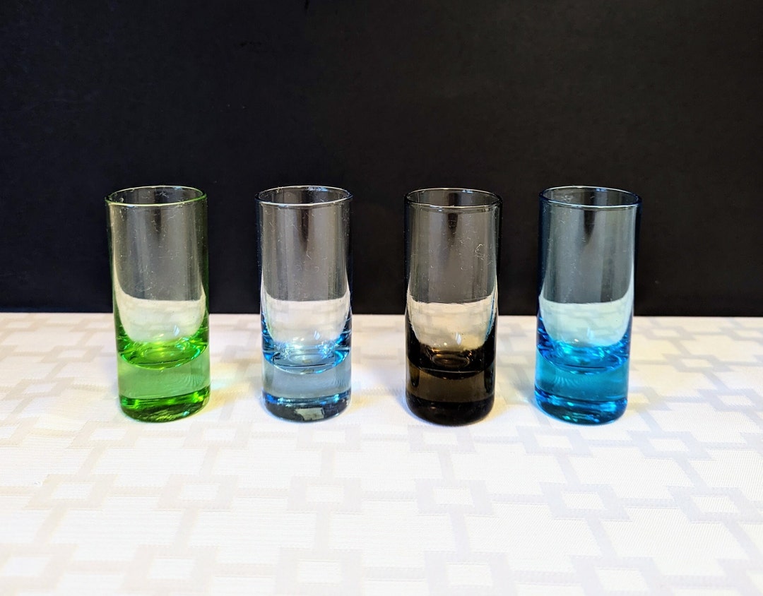 4 Vintage Heavy Bottom Shot Glasses Multi Color NOS Barware Retro ...