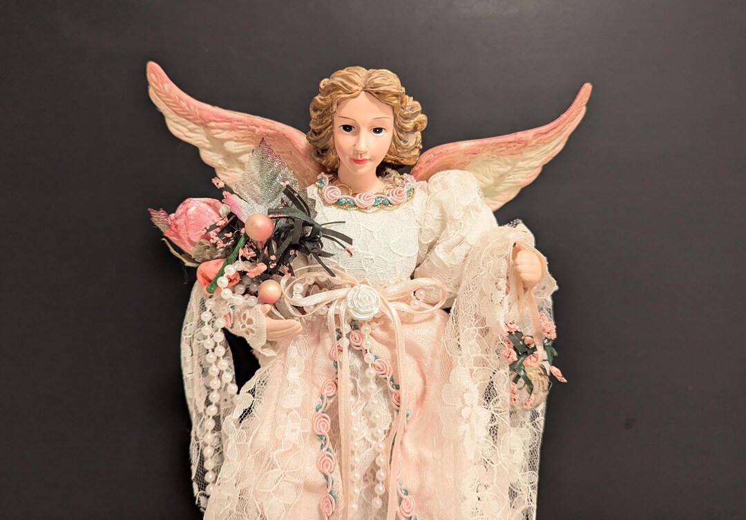 Vintage Angel Tree Topper With Pink Dress White Lace and Pearls Pink ...