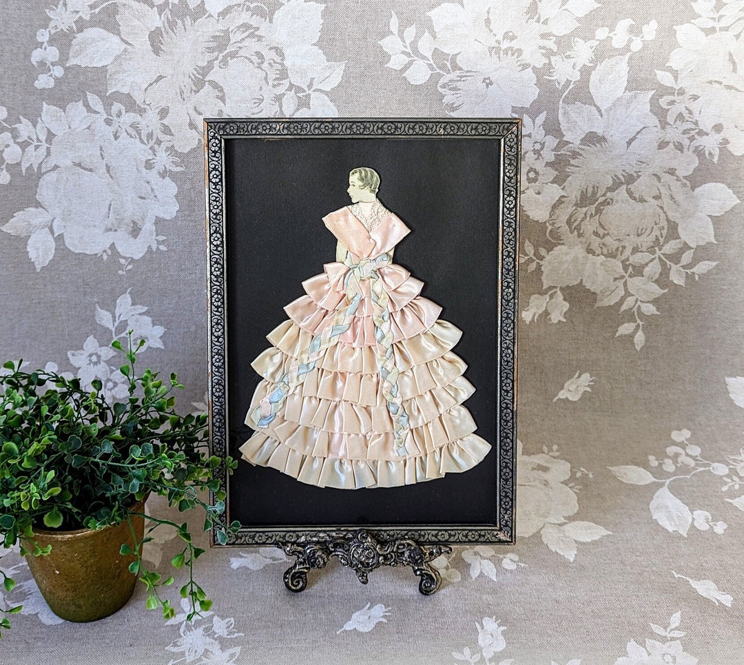 Antique Framed Paper Doll With Pink Satin Dress and Lace, Paper Doll ...