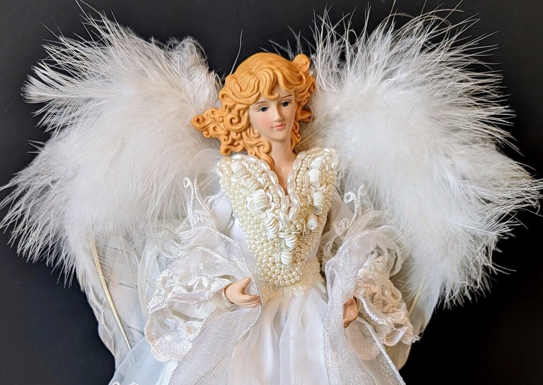 Vintage Porcelain Angel Tree Topper White Embroidered Dress Etsy
