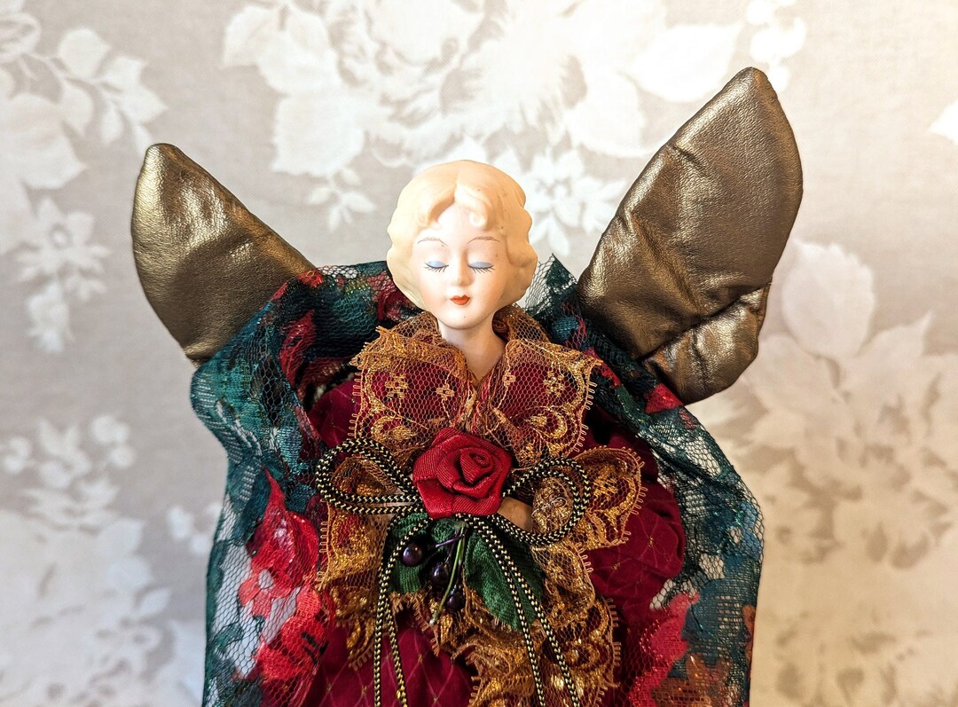 Vintage Porcelain Angel Tree Topper Small Angel Red and Green Dress ...