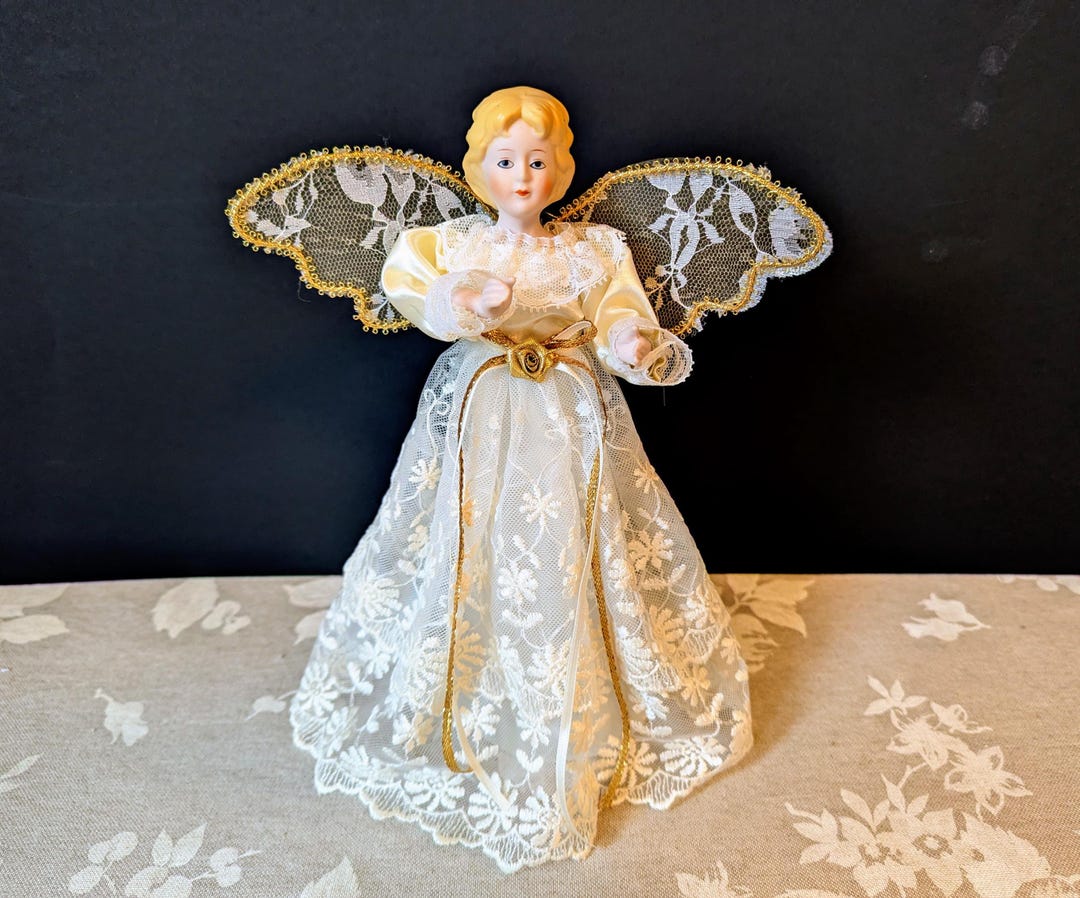 Vintage Porcelain Angel Tree Topper With Embroidered Dress and Gold ...