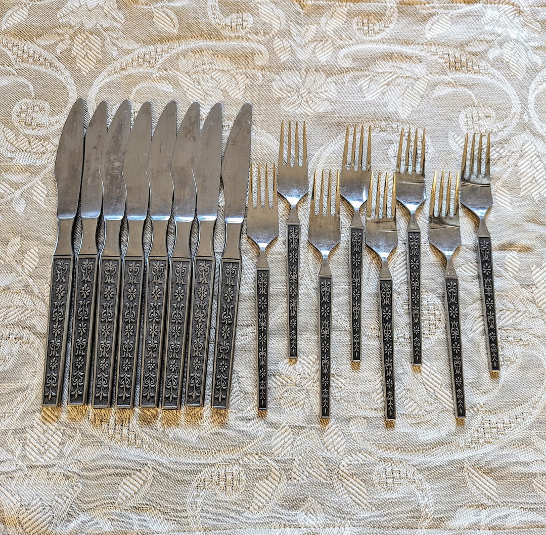 Vintage Stainless Flatware Knives and Dessert Forks Floral Handle ...