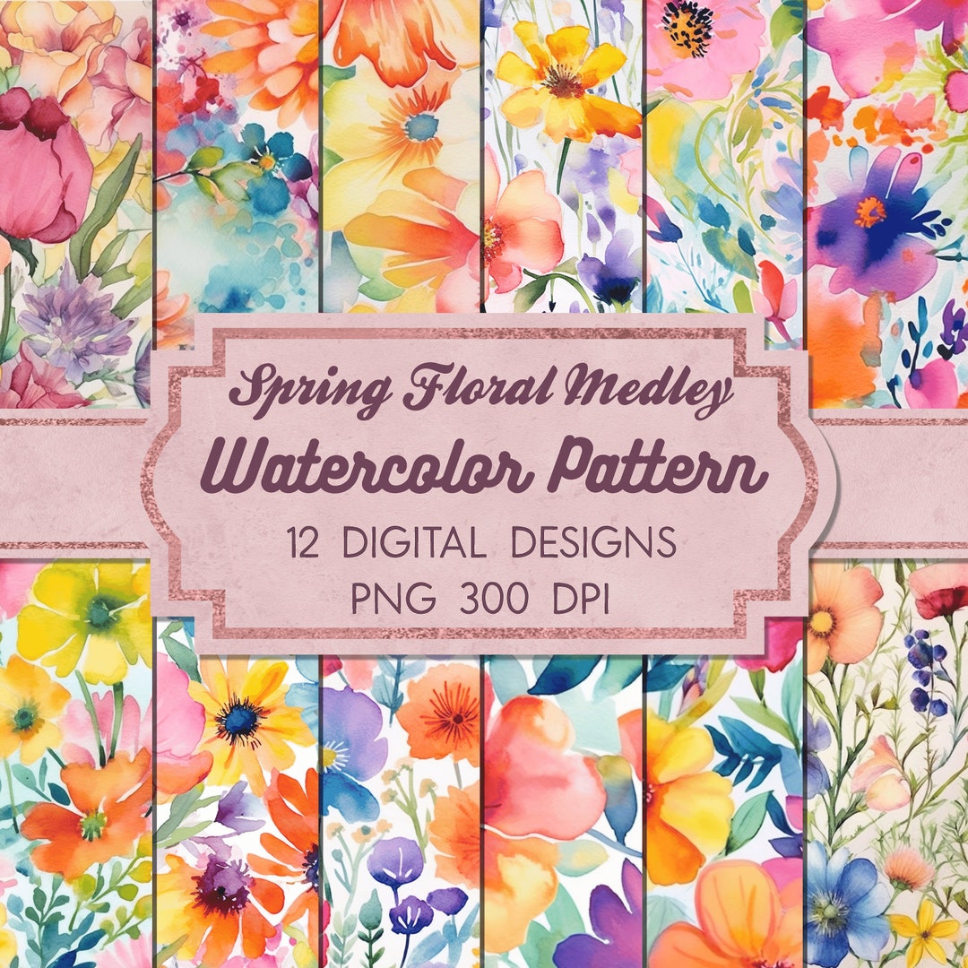 12 Spring Floral Medley Digital Paper, Watercolor Flower Backgrounds ...