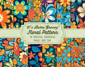 Retro 70s Wildflowers II Digital Paper Set, Retro Flowers Pattern ...