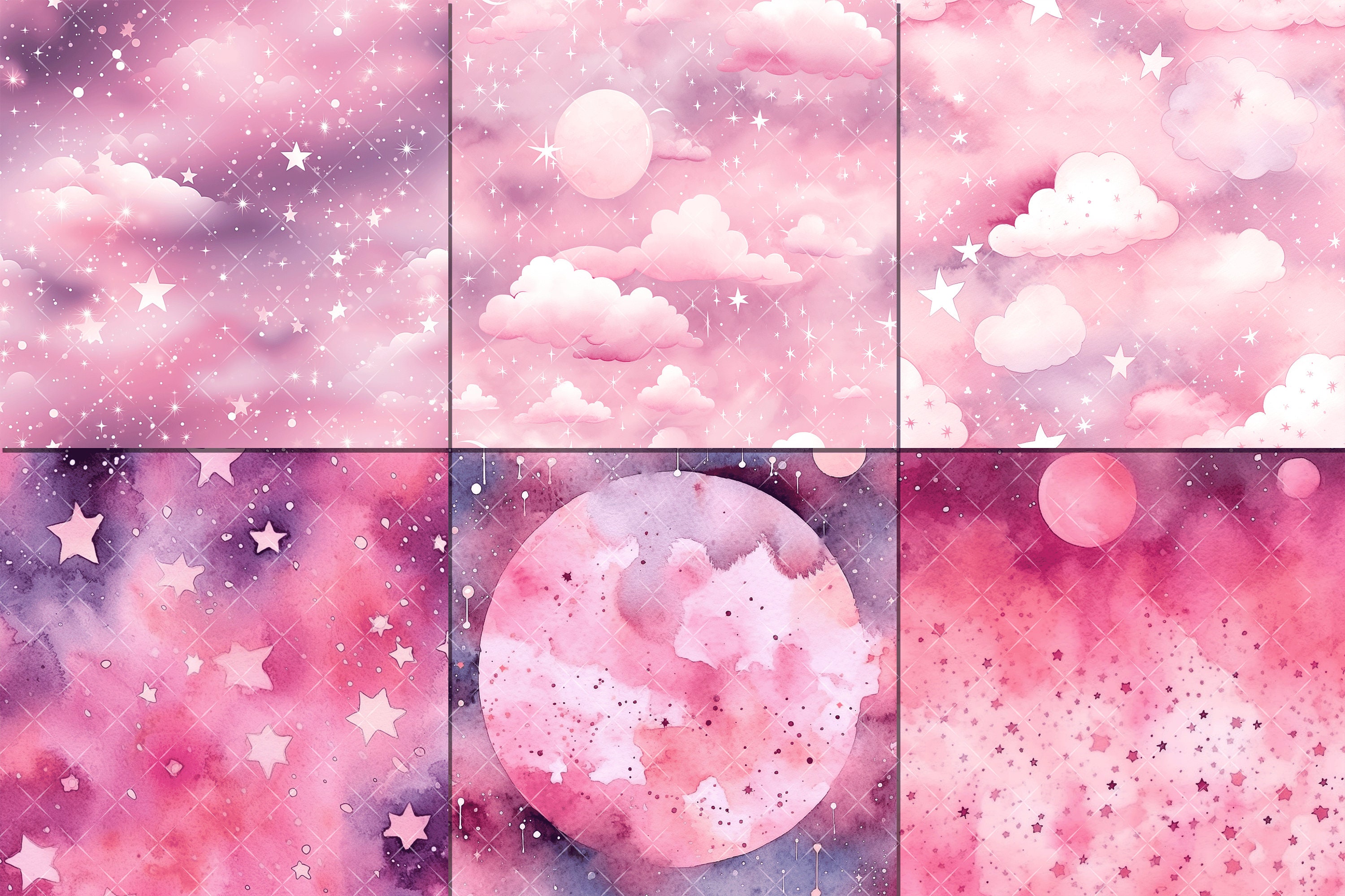 10 Pink Sky Moon and Cloud, Watercolor Pink Cloud Background ...
