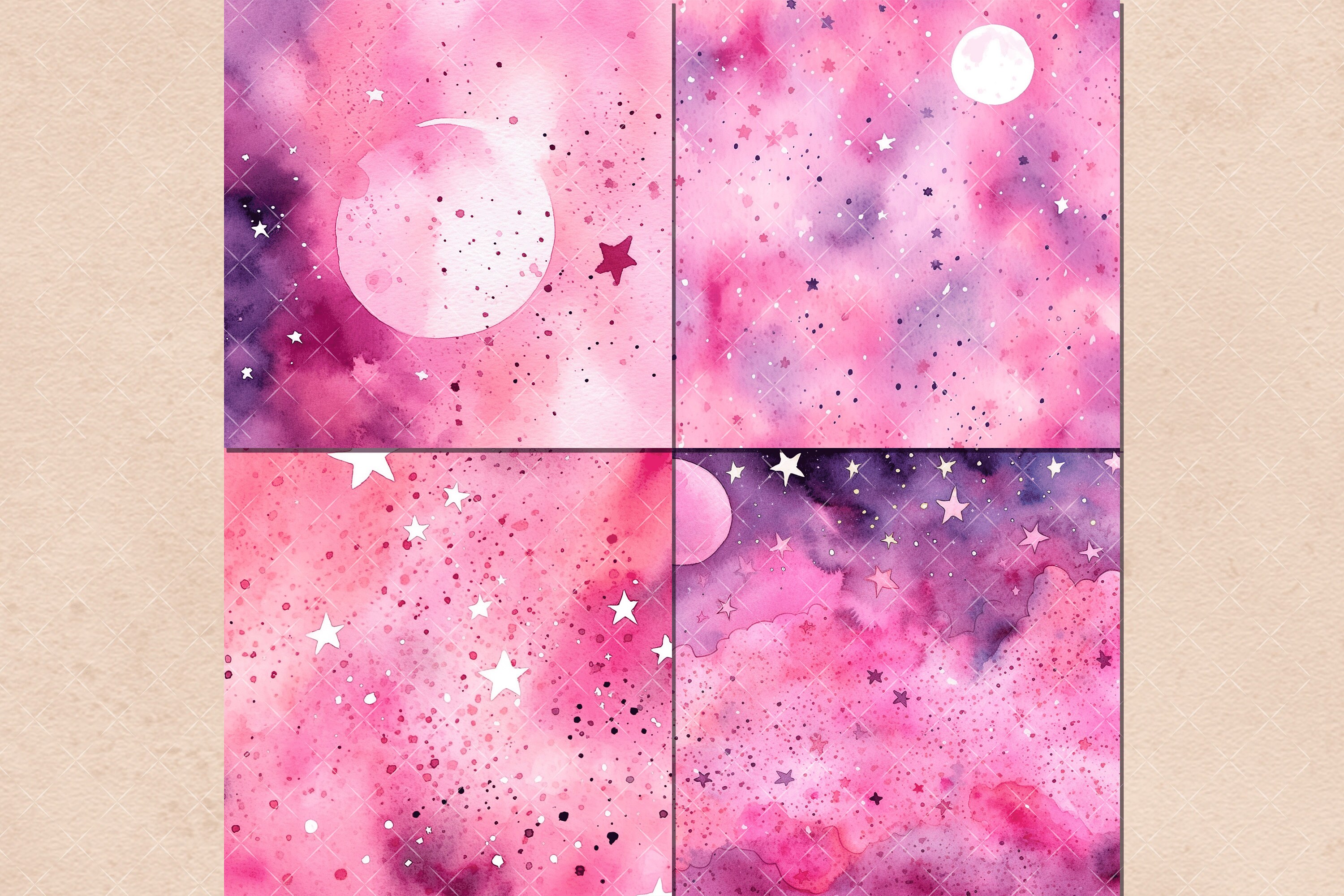 10 Pink Sky Moon and Cloud, Watercolor Pink Cloud Background ...