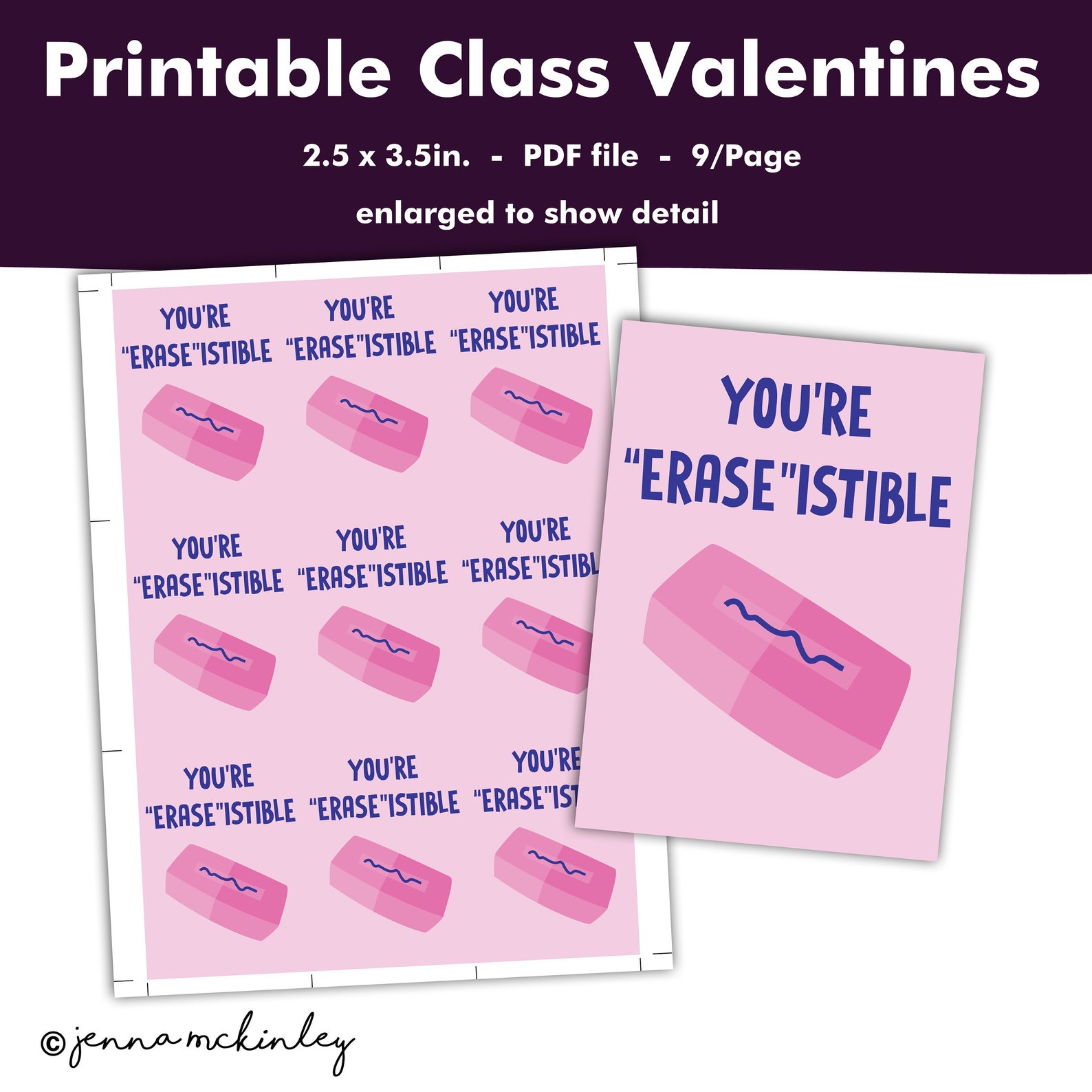 Printable Valentines Day Favor Handout Classroom Cards Erasers | Etsy