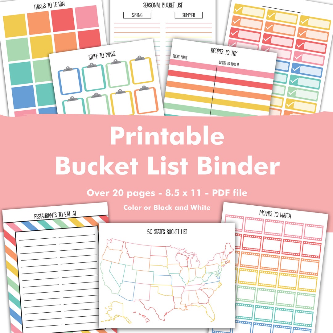 PRINTABLE Bucket List Binder Journal Set Over 20 Pages Rainbow or Black ...