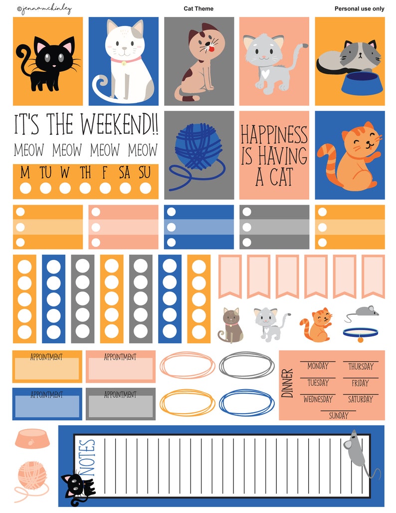 Printable Cat Planner Stickers Weekly Theme Cute Organization | Etsy
