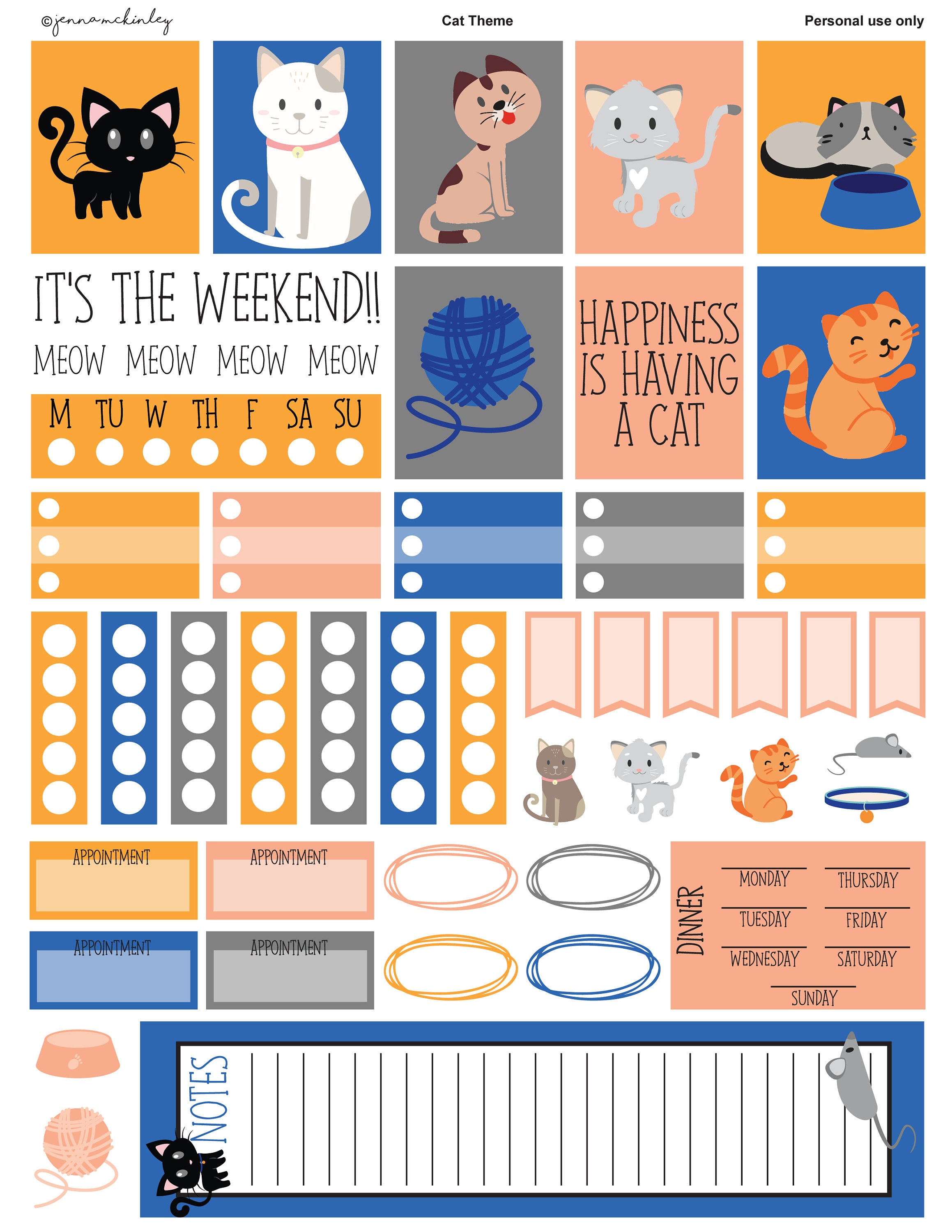 Printable Cat Planner Stickers Weekly Theme Cute Organization Calendar ...