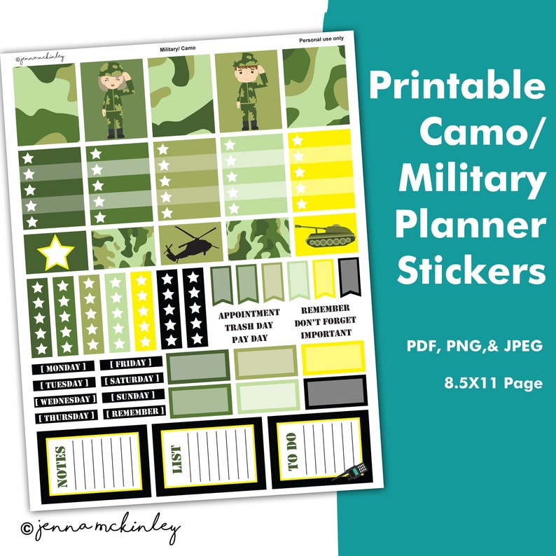 Printable Planner Stickers - Camo/ Military Theme - Instant Download ...