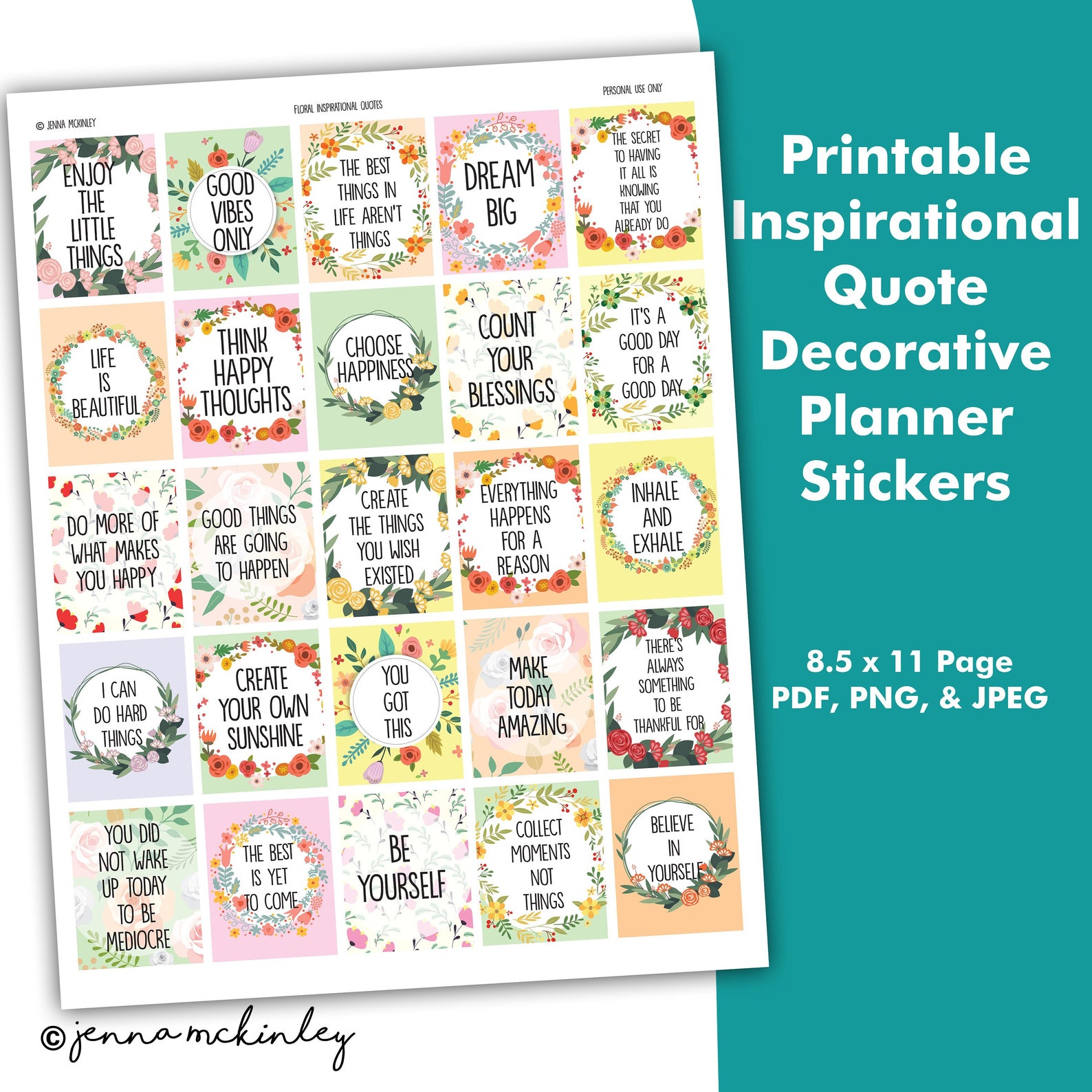 Printable Planner Stickers Inspirational Quote Flower Theme, Decorative ...
