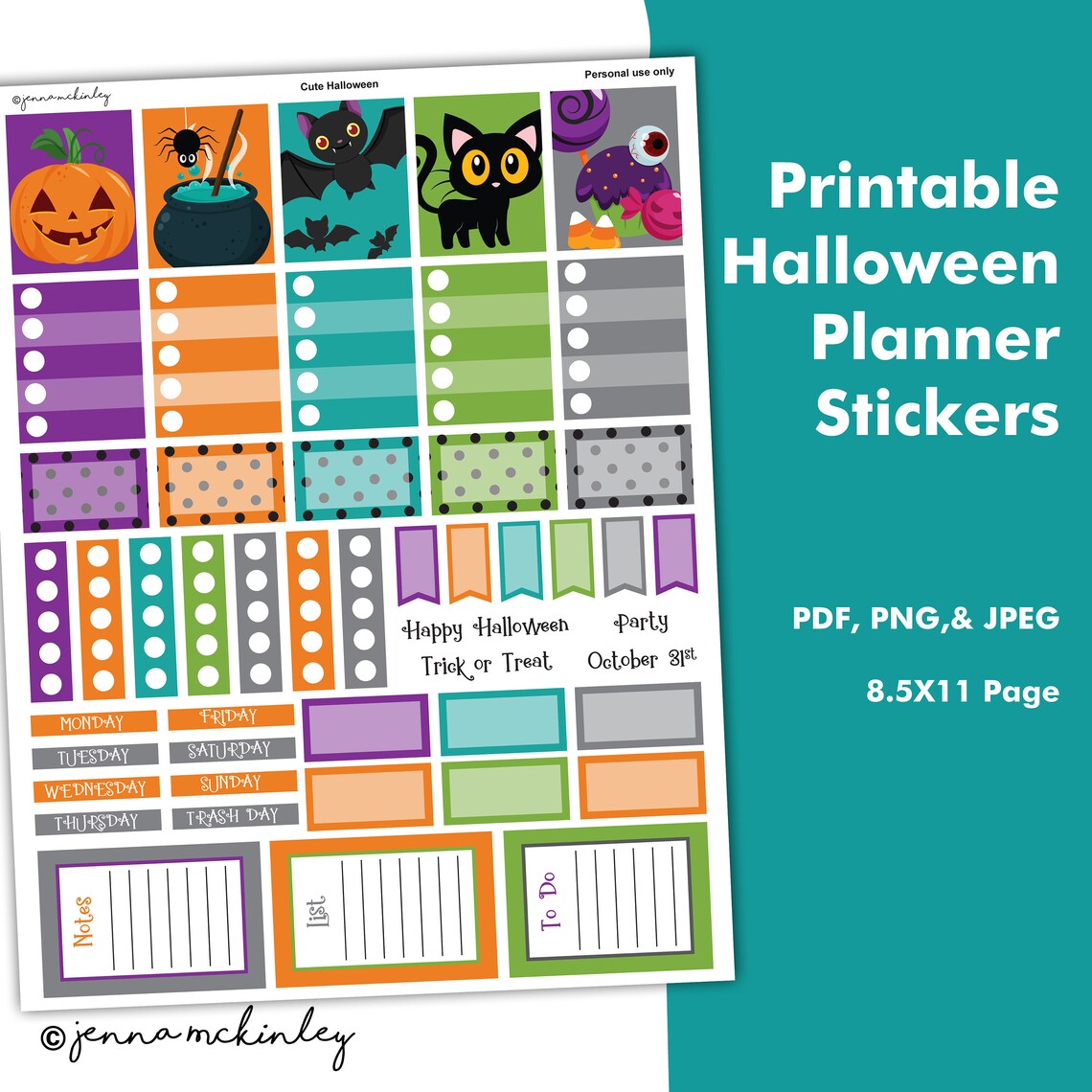 Printable Planner Stickers Halloween Theme Monthly or Weekly Calendar ...