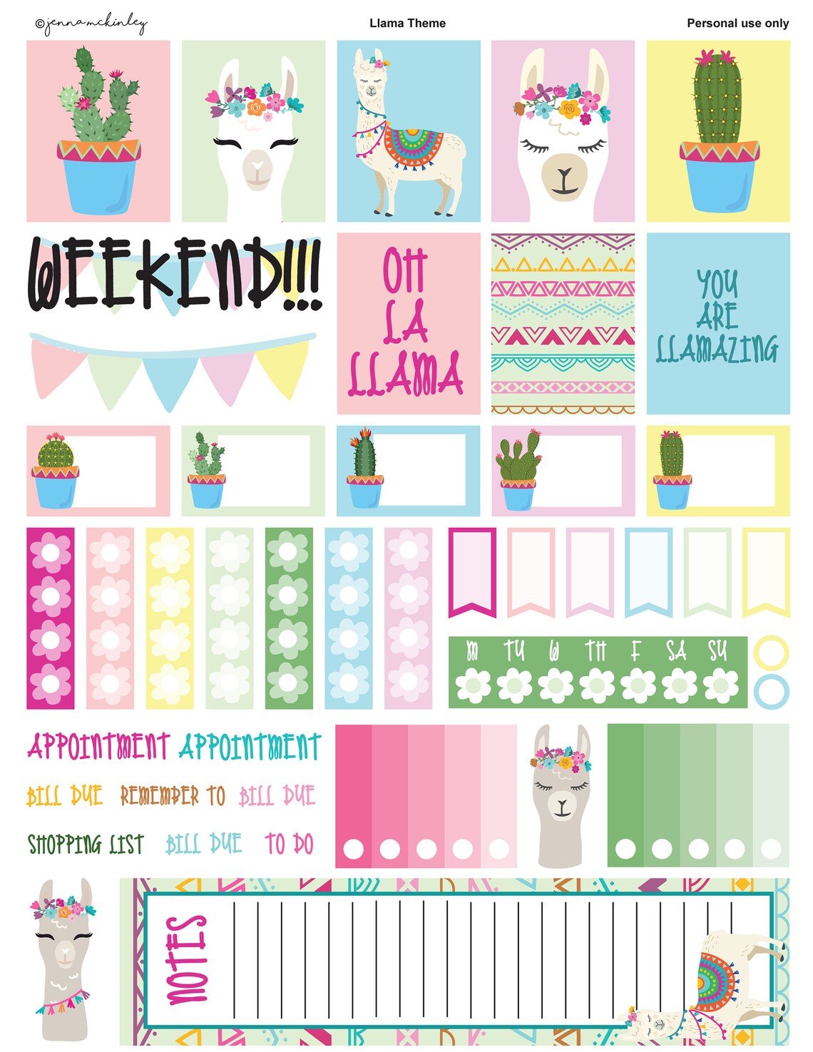 Printable Llama and Cactus Planner Stickers Weekly Theme Calendar ...