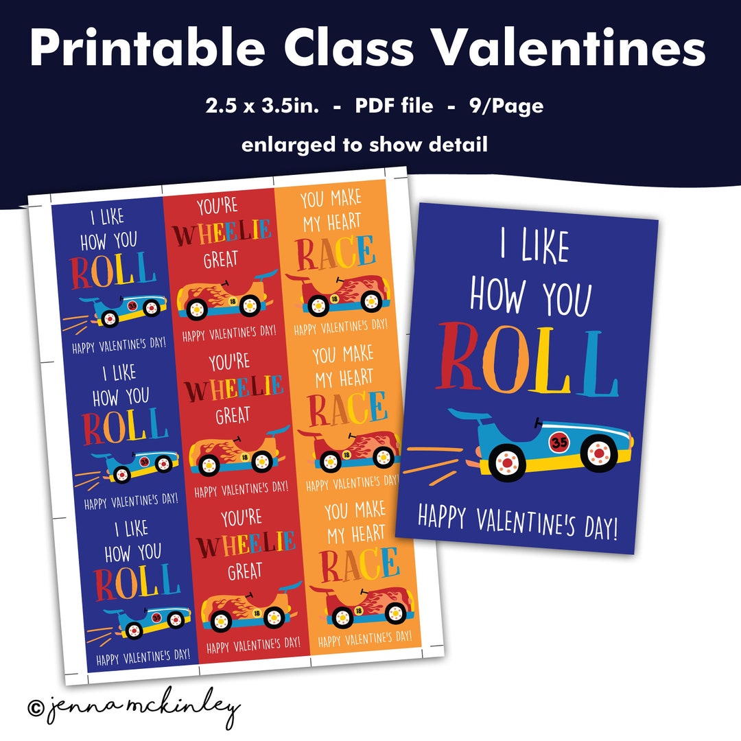 Printable Valentines Day Favor Handout Classroom Cards Race Car Instant ...