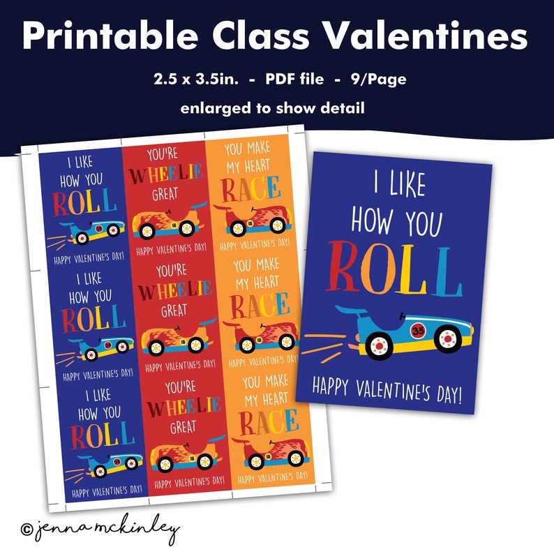 Printable Valentines Day Favor Handout Classroom Cards Race Car Instant ...