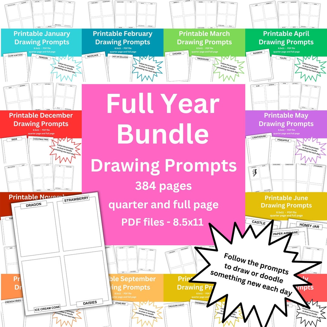 PRINTABLE One Full Year Drawing Prompts Art Journal Kit - 384 Doodling ...