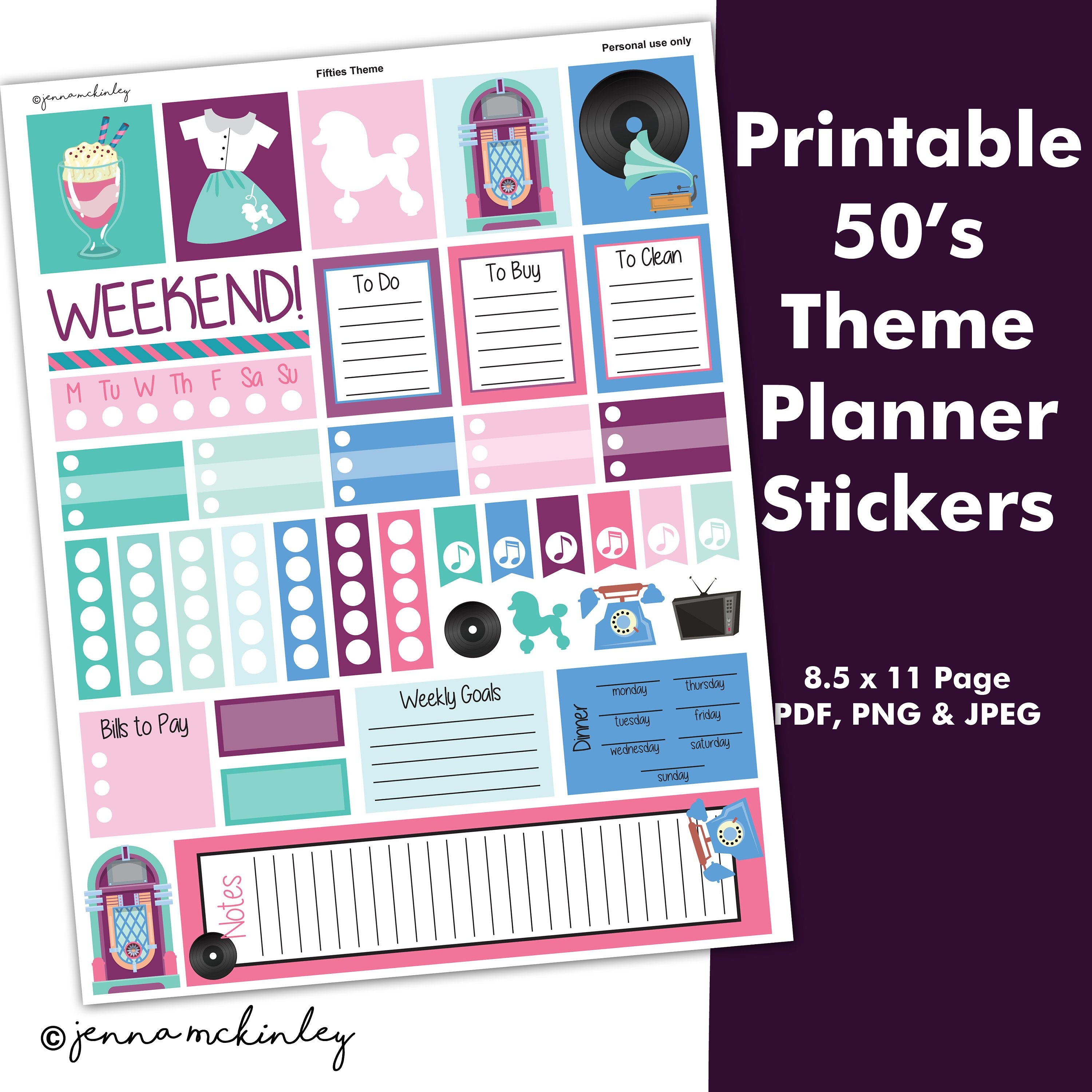 Printable 50's Fifties Era Planner Stickers Weekly Theme Cute ...