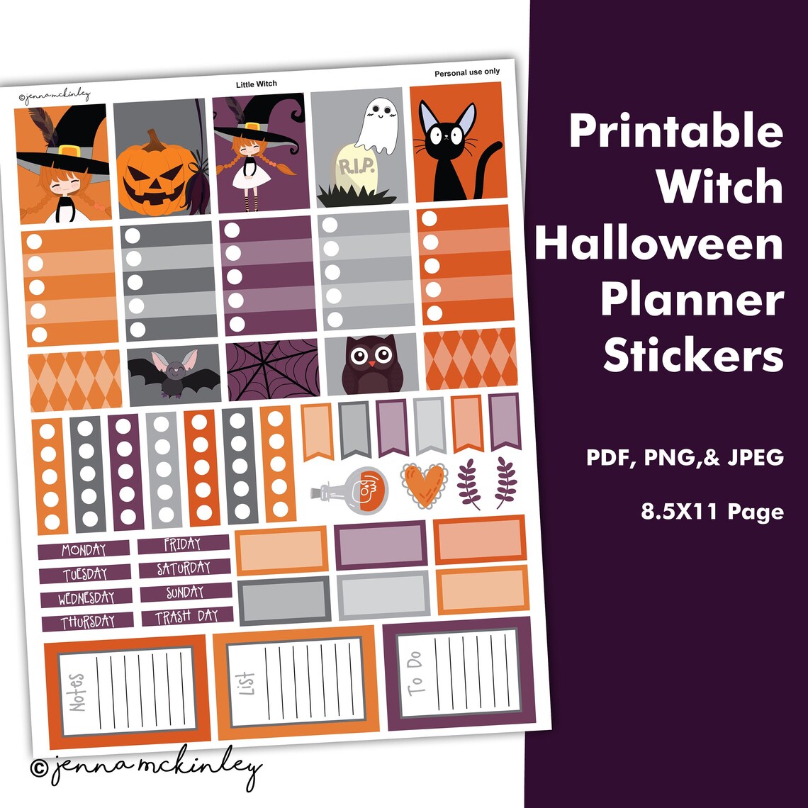 Printable Planner Stickers Witch Halloween Theme Monthly or - Etsy