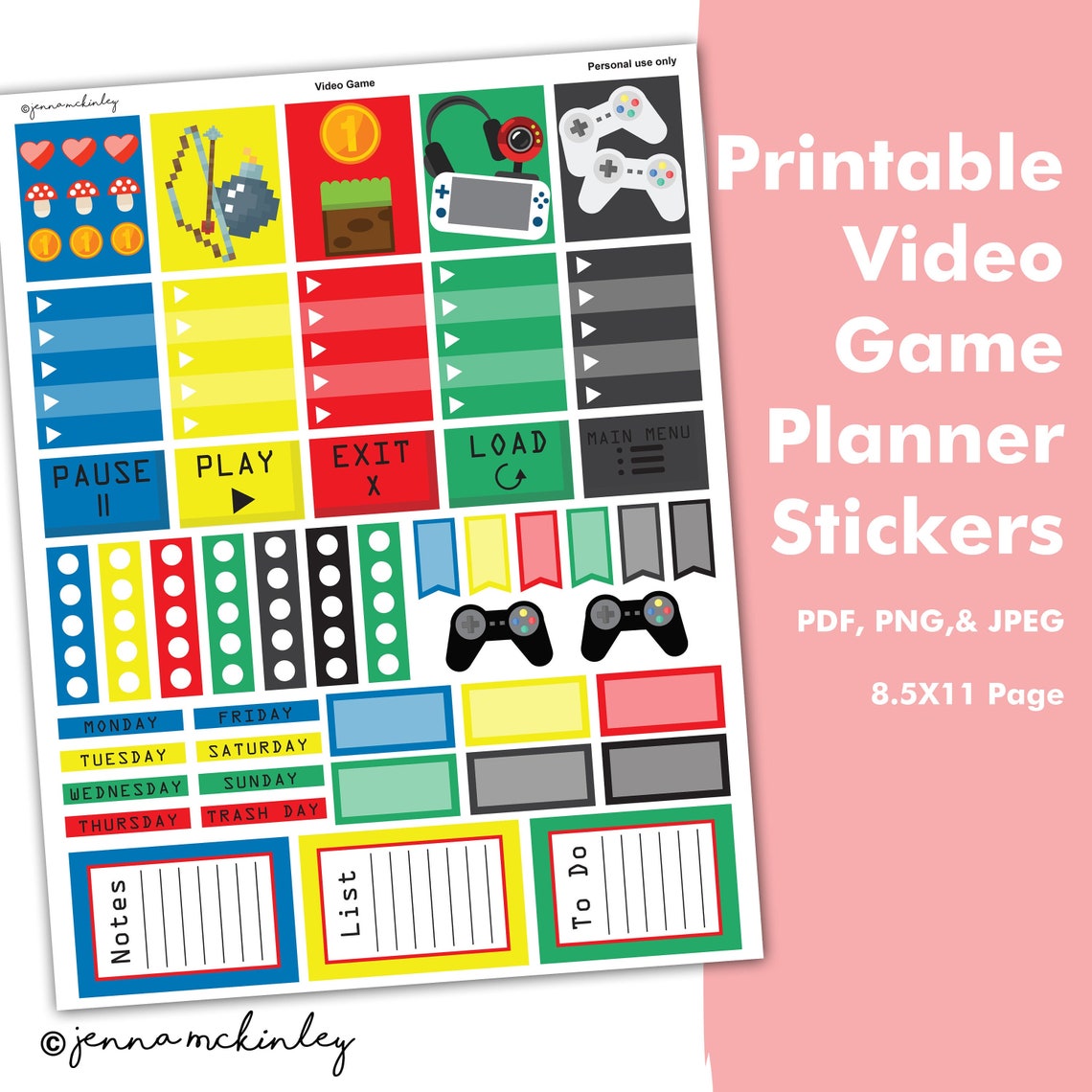Printable Planner Stickers Video Game Theme Monthly or Weekly Calendar ...