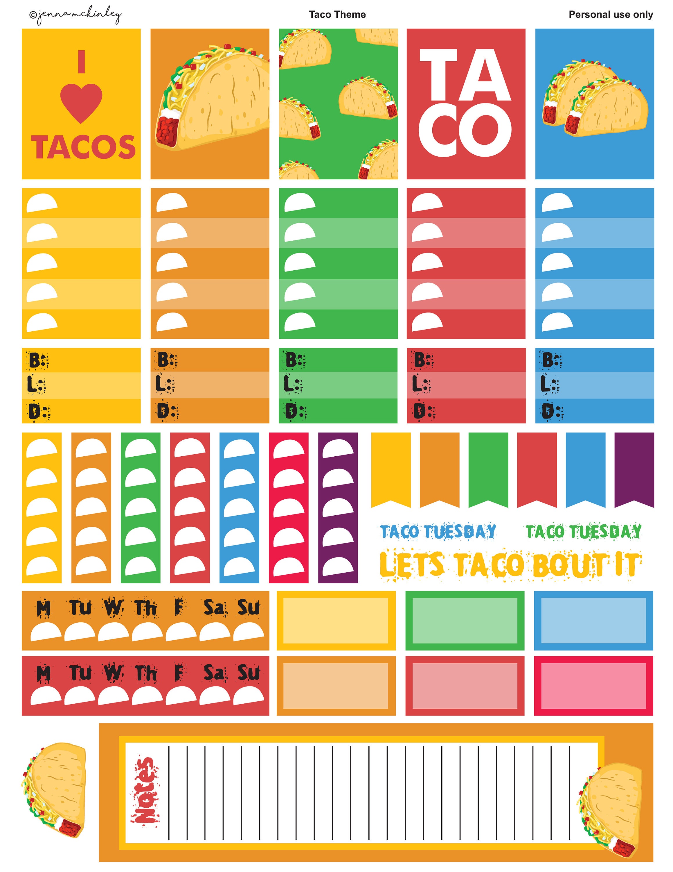 Printable Tacos Weekly Theme Planner Calendar Bullet Journal Stickers ...