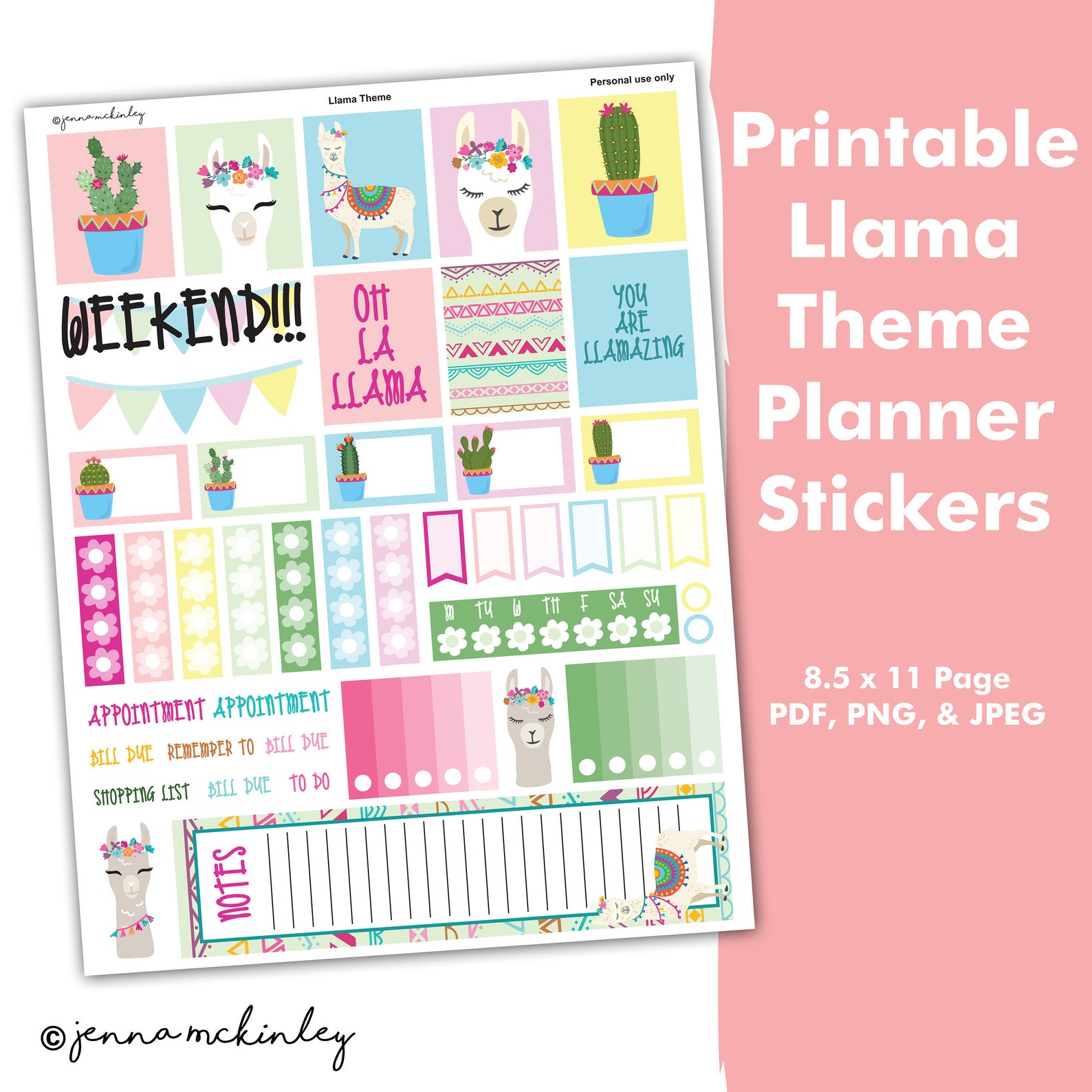Printable Llama and Cactus Planner Stickers Weekly Theme Calendar ...