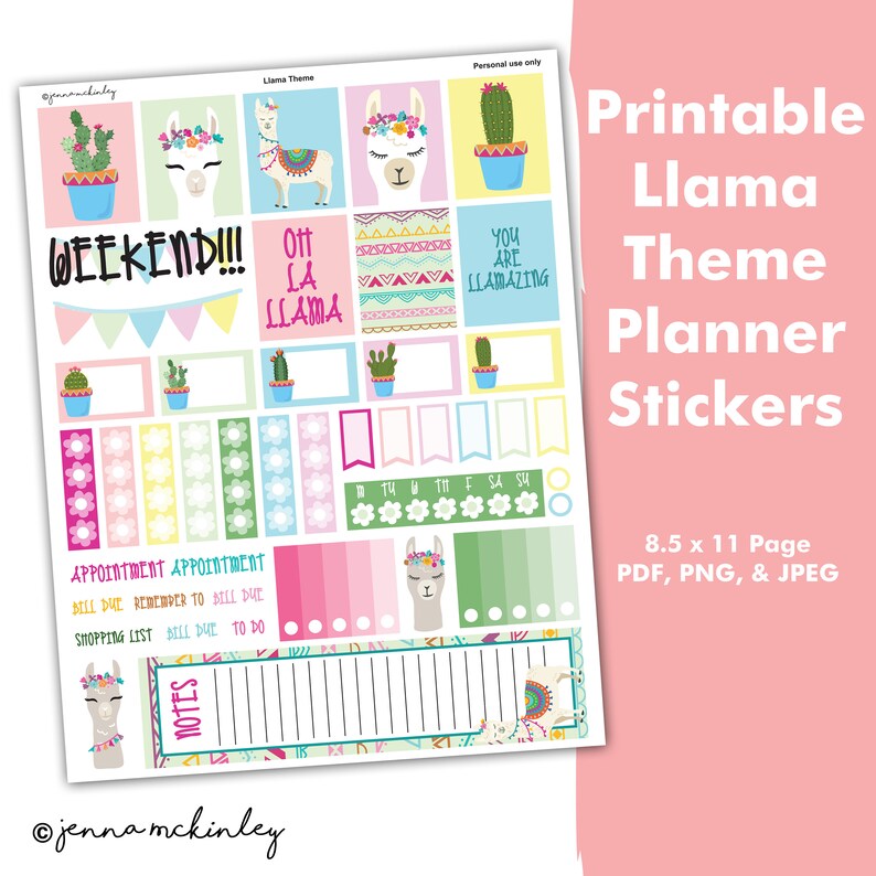 Printable Llama and Cactus Planner Stickers Weekly Theme Calendar ...