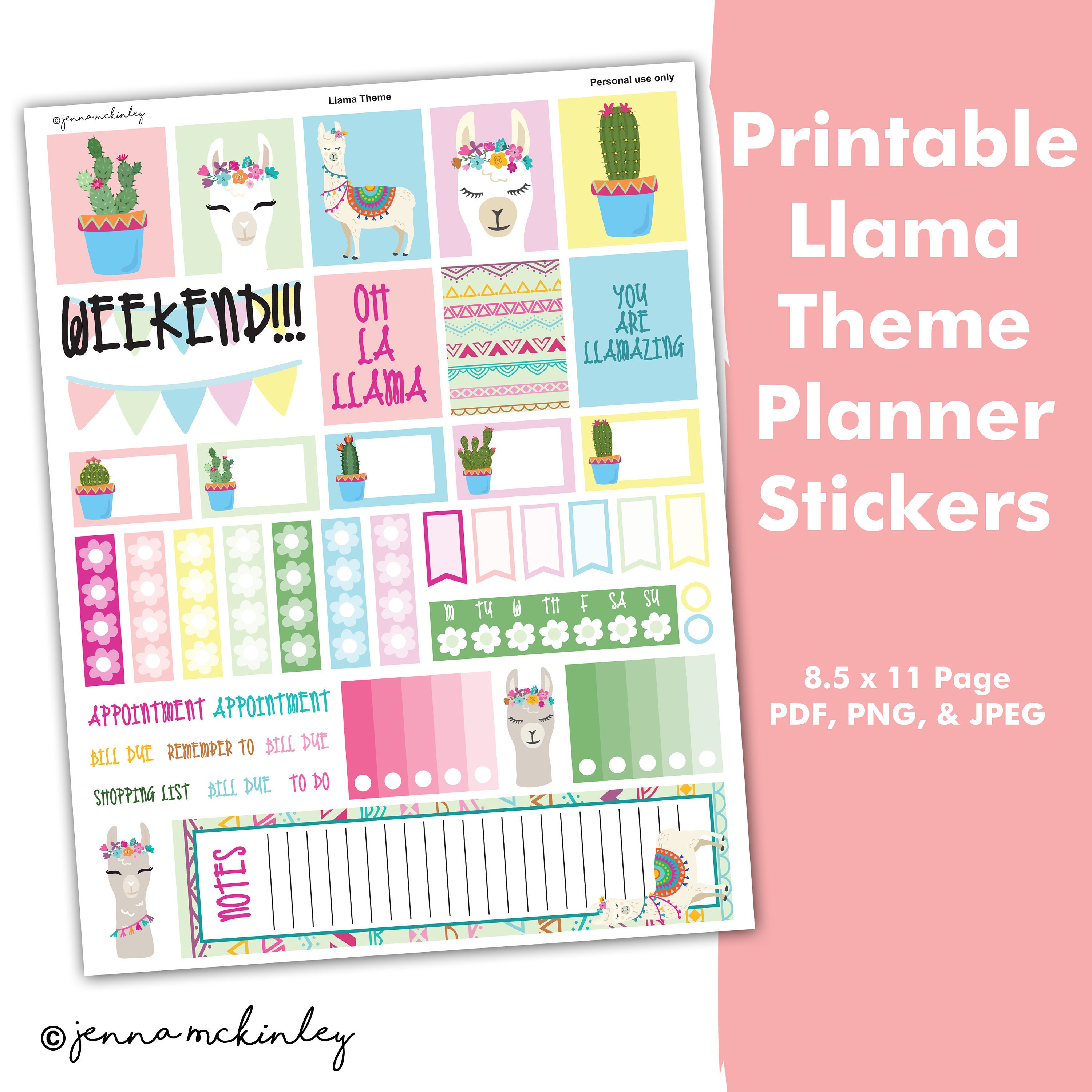 Printable Llama and Cactus Planner Stickers Weekly Theme Calendar ...