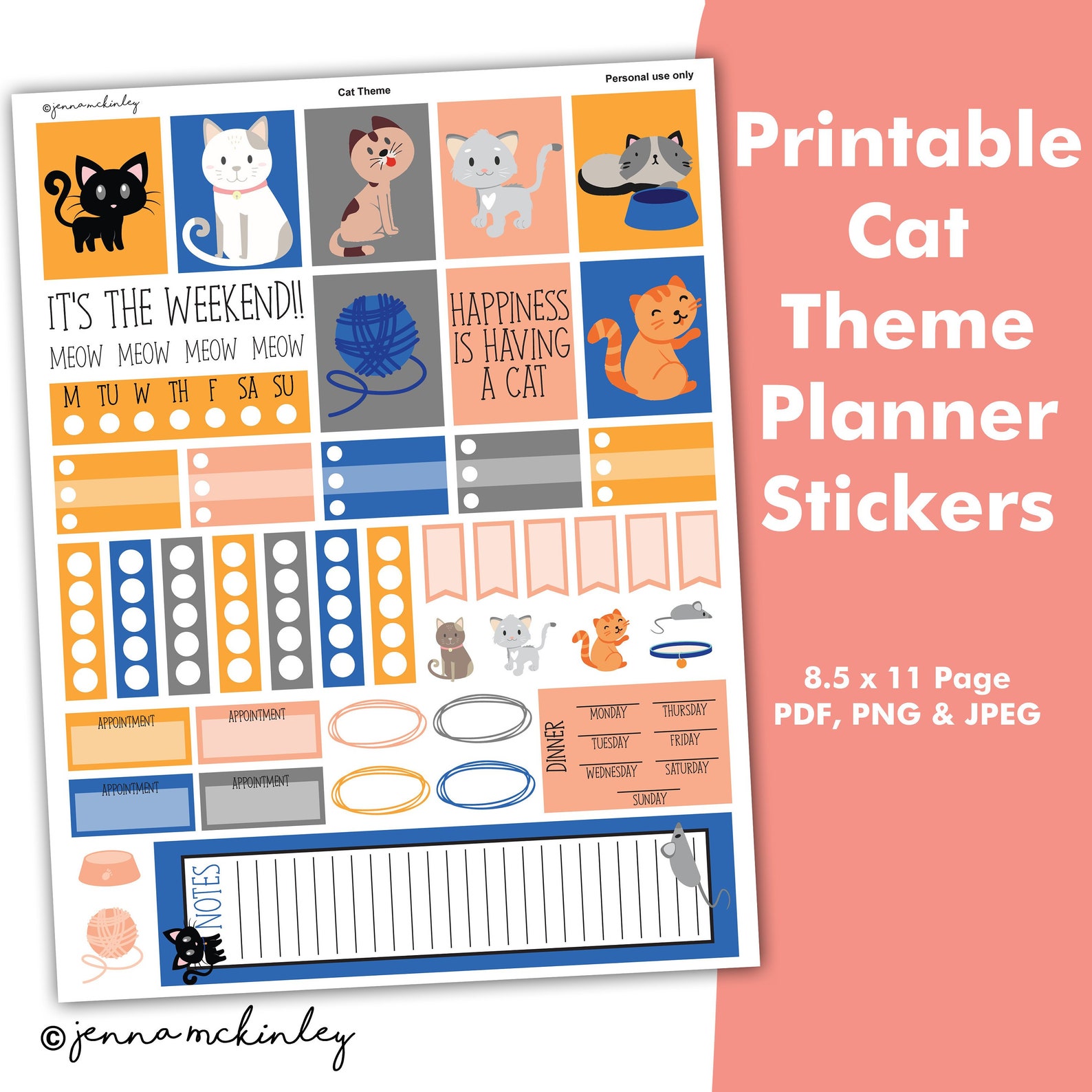 Printable Cat Planner Stickers Weekly Theme Cute Organization | Etsy
