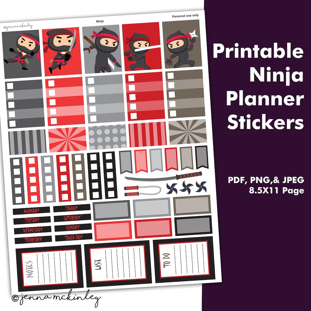 Printable Planner Stickers - Ninja Theme - Instant Download - Bullet ...
