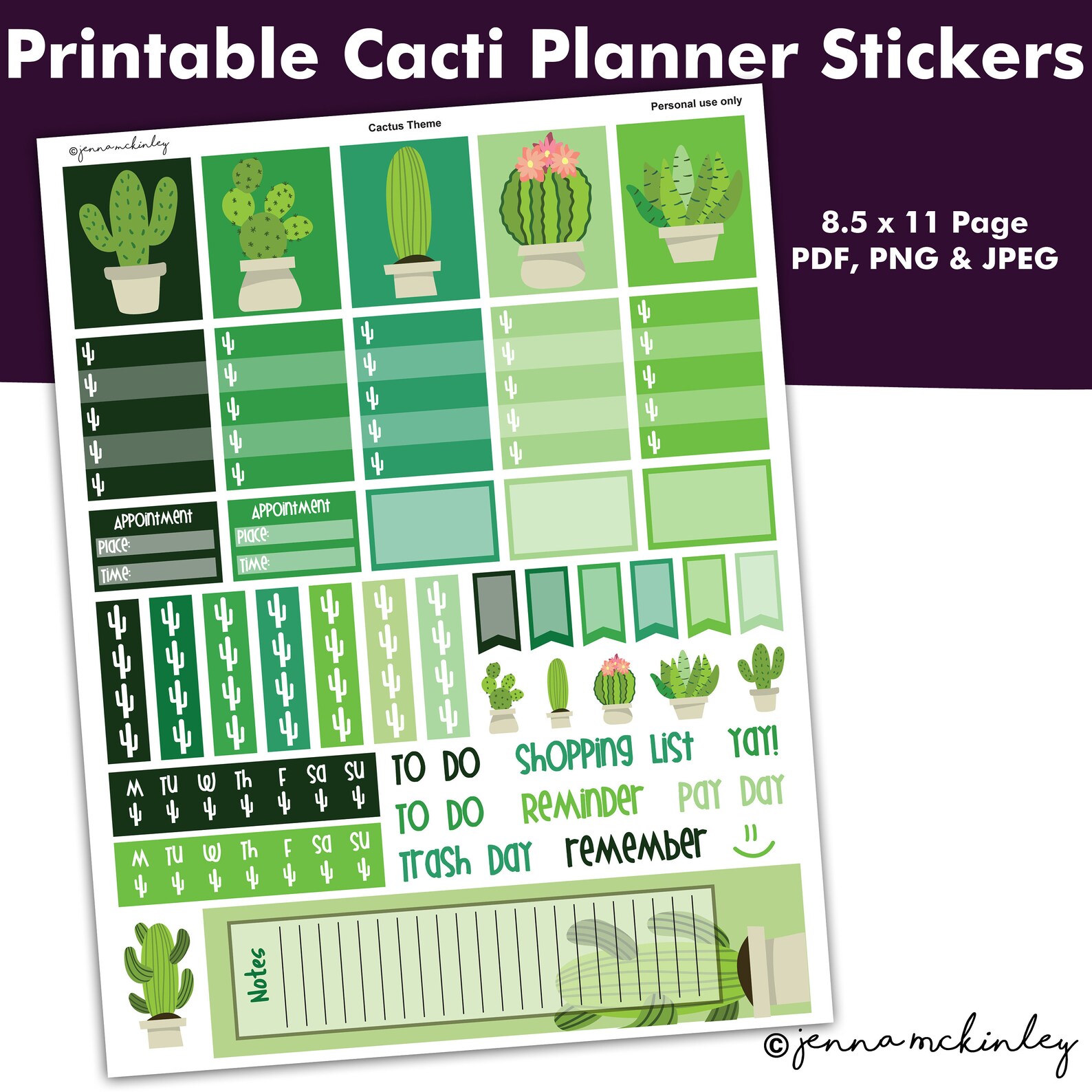 Printable Cactus Weekly Theme Planner Calendar Bullet Journal | Etsy