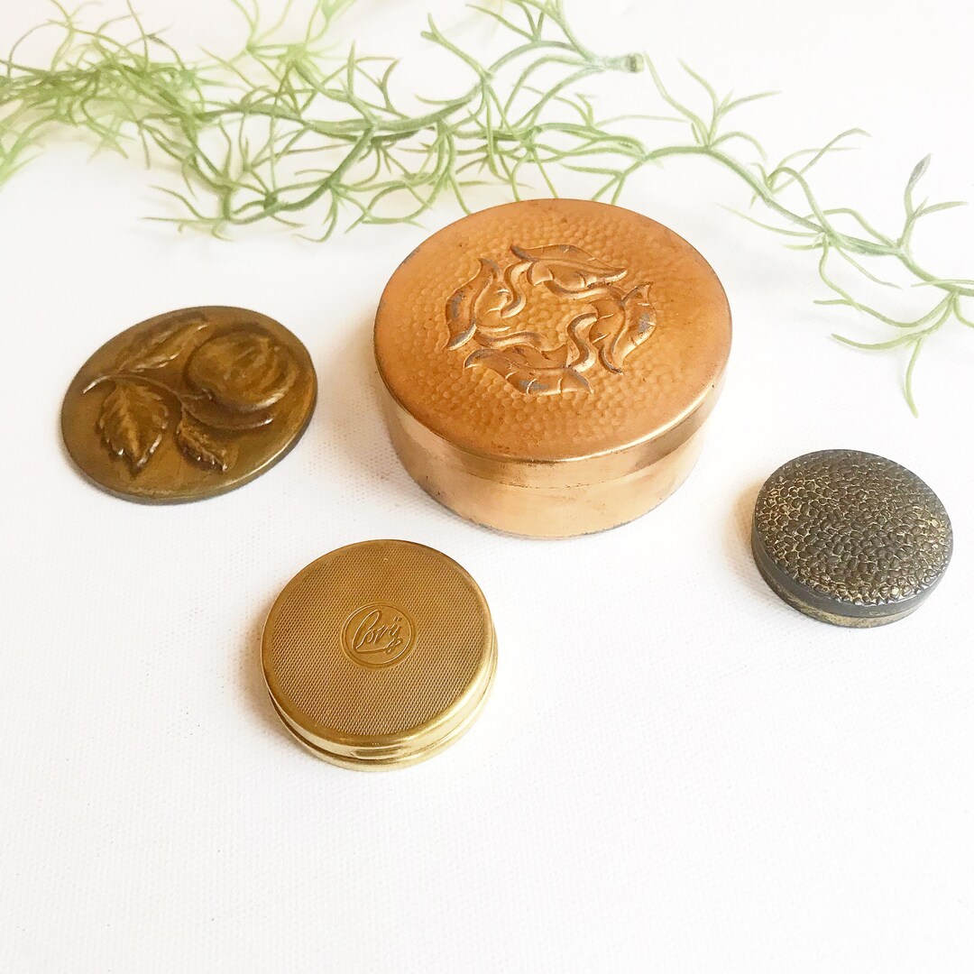 Antique Set of Brass Boxes / Pill Box, Powder Box, Hand Mirror, Round ...