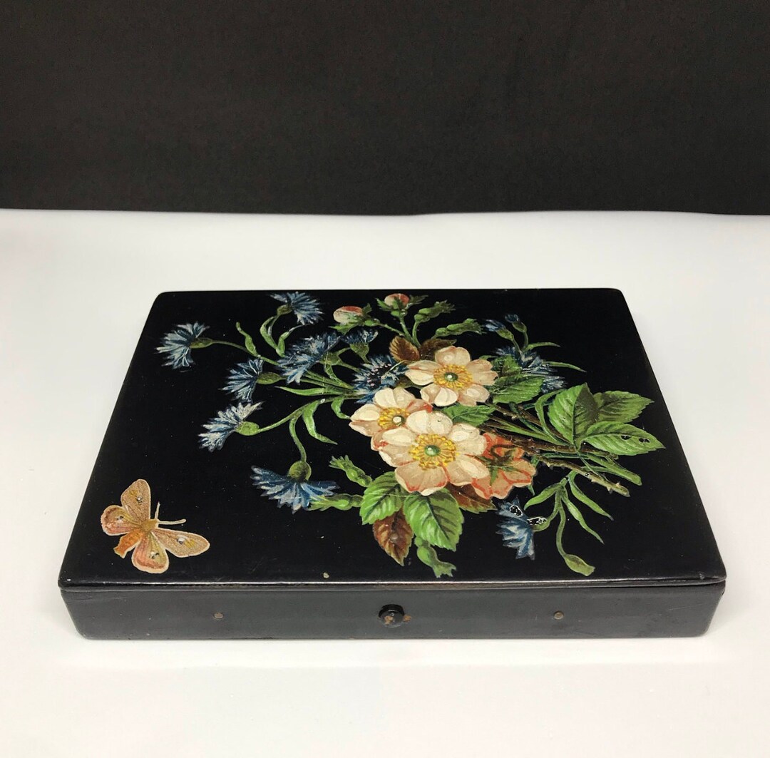 Antique Papier-mâché Lacquer Casket With Flower Motif / Jewelry or ...