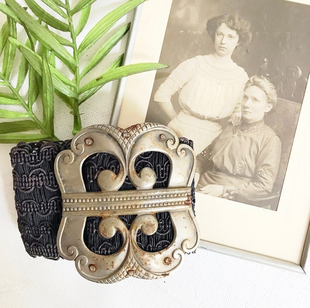 Antique Women's Belt / Victorian Ribbon Belt With Metal Buckle / Black ...