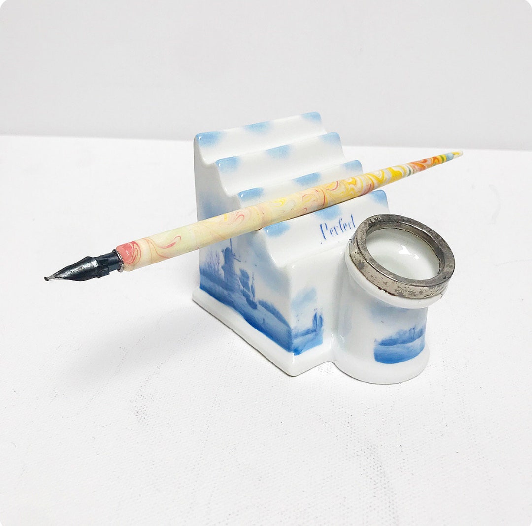 Antique Art Nouveau Feather Pen Holder With Inkwell, Porcelain/holland ...