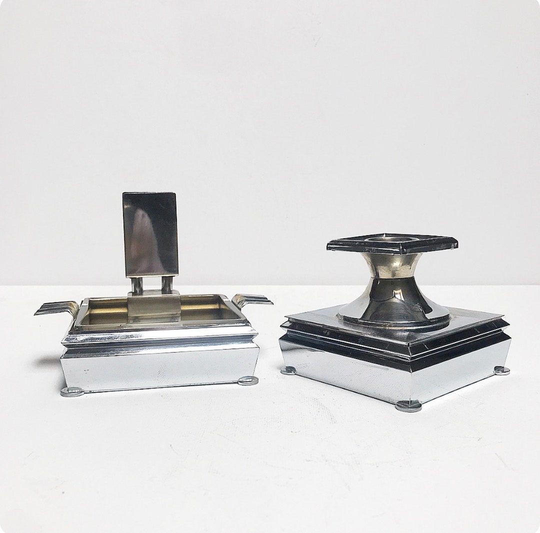 Antique Art Deco Smoking Set Chrome, Cigarette Storage With Candle ...