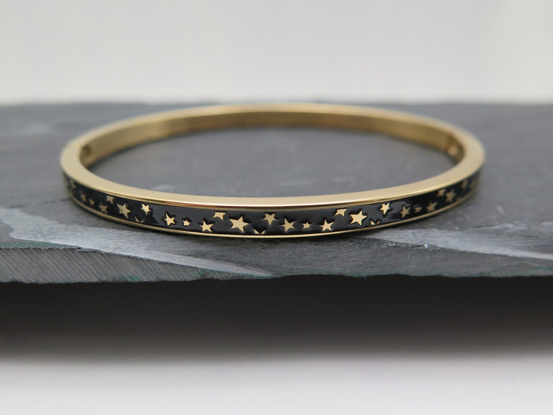 Bangle - Stars Black Enamel - Stainless Steel Gold-plated Geometric ...