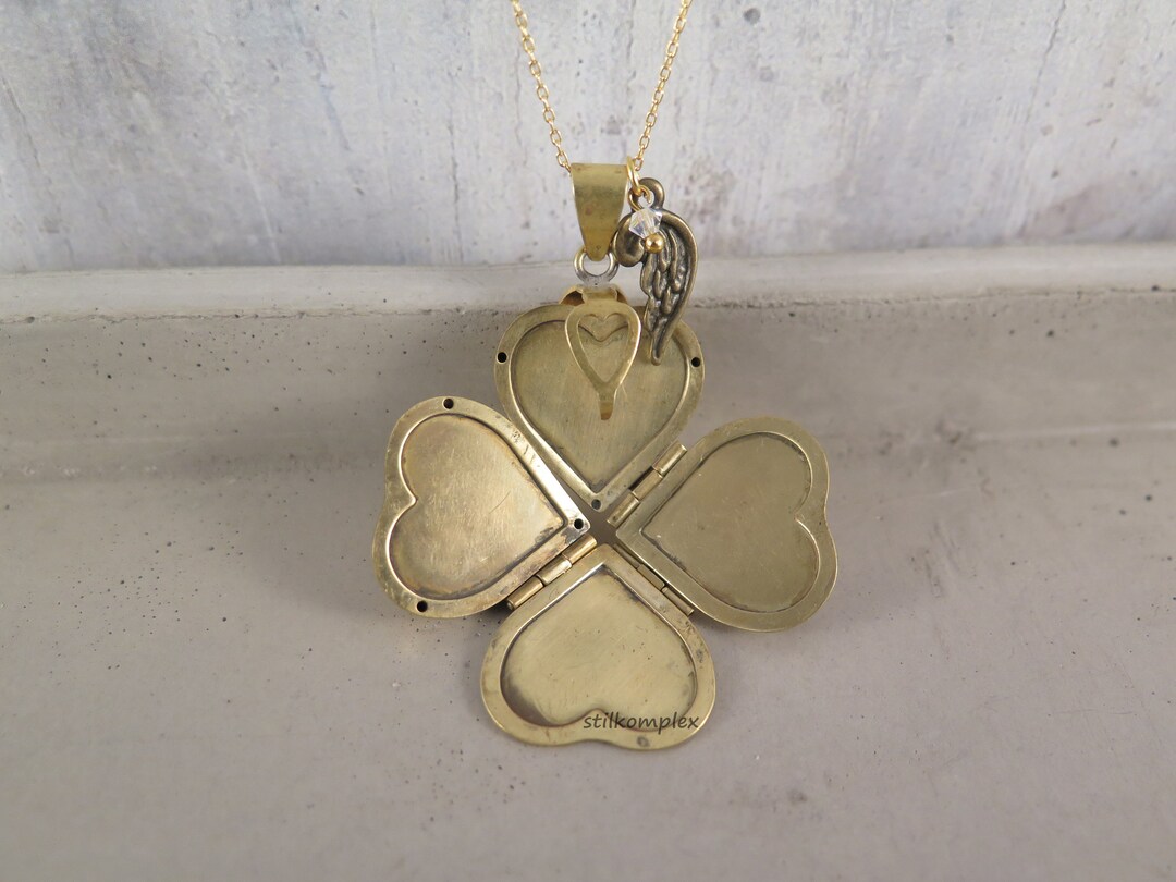 Vintage Heart Locket Shamrock Secret With Angel Wings and Small Crystal ...