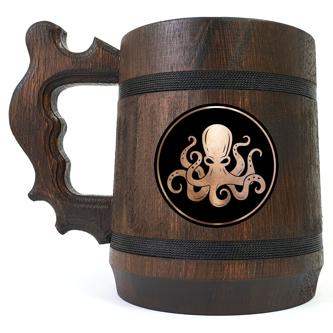 Octopus Wooden Beer Mug, Gift for Him, Personalized Beer Gift, Animals ...
