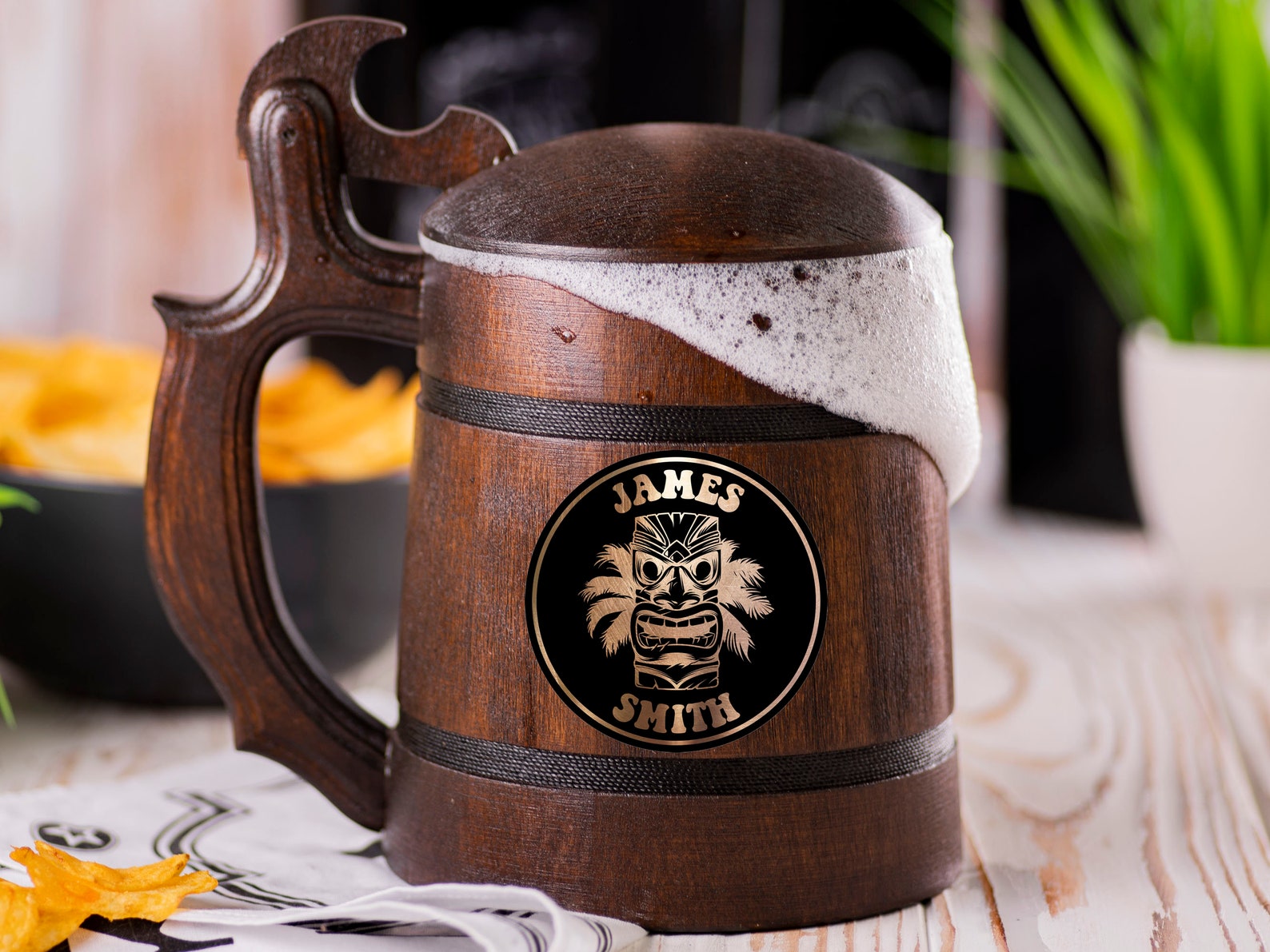 Hawaiian Tiki Mask Beer Mug With Lid Personalized Stein Etsy