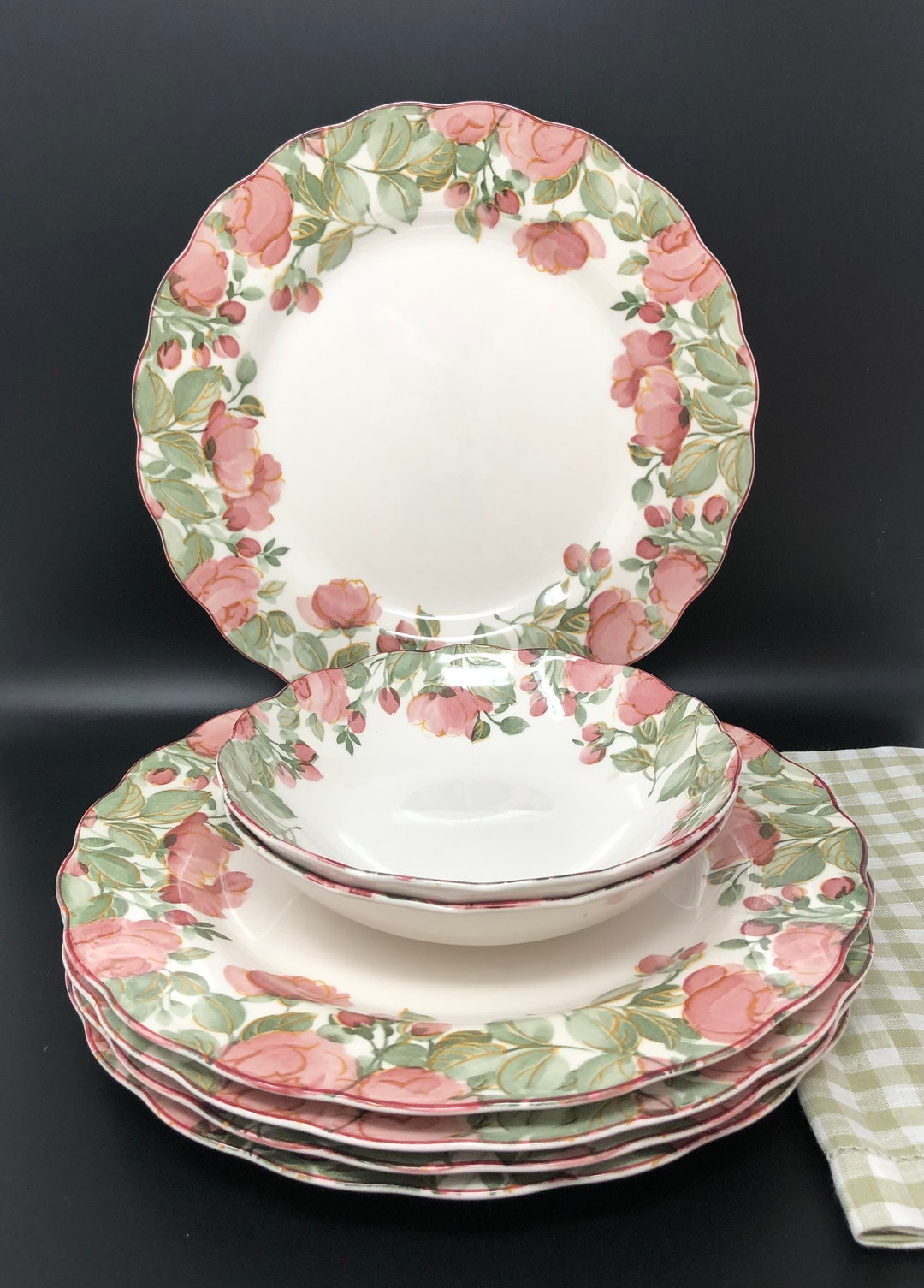 Nikko PRECIOUS 7 Piece Set Dinner Plates Soup Bowls 1990s Pink Floral ...