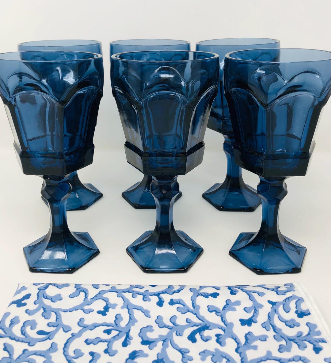 Fostoria Virginia Dark Blue Water Goblets Set of 6 Blue Footed Goblets ...