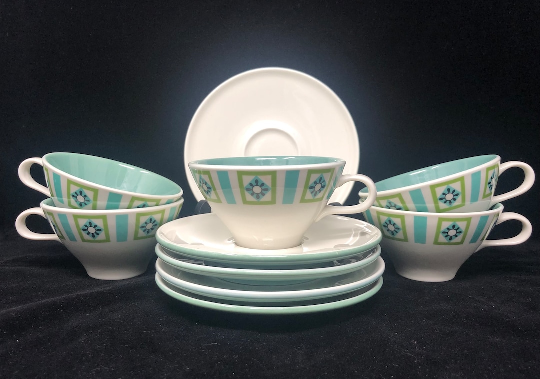 Bombay Green Iroquois CUPS SAUCERS Set of 5 Ben Seibel Design RARE 1969 ...
